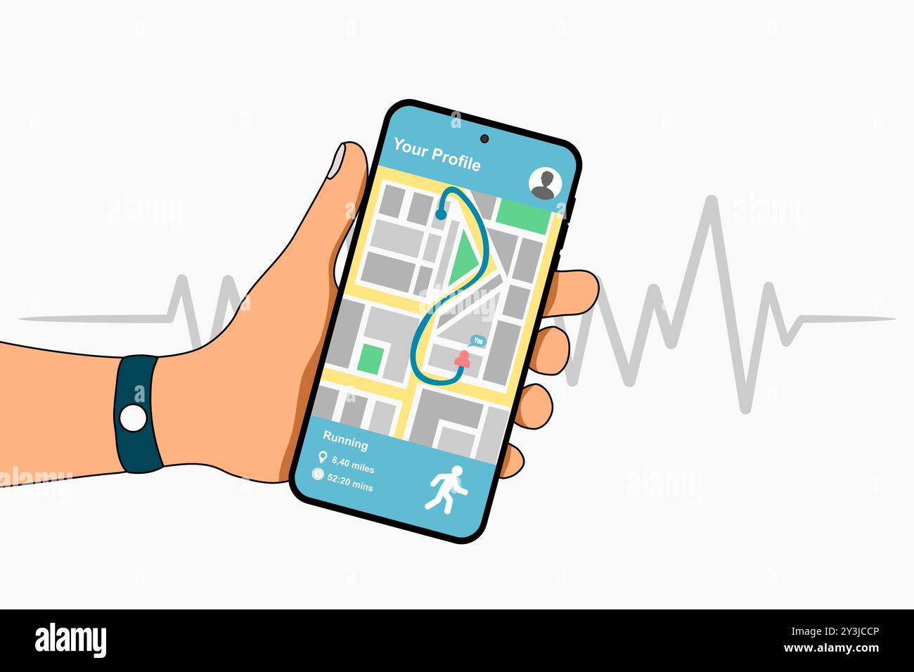 Hand holding a mobile phone with a workout or fitness app on the screen ...