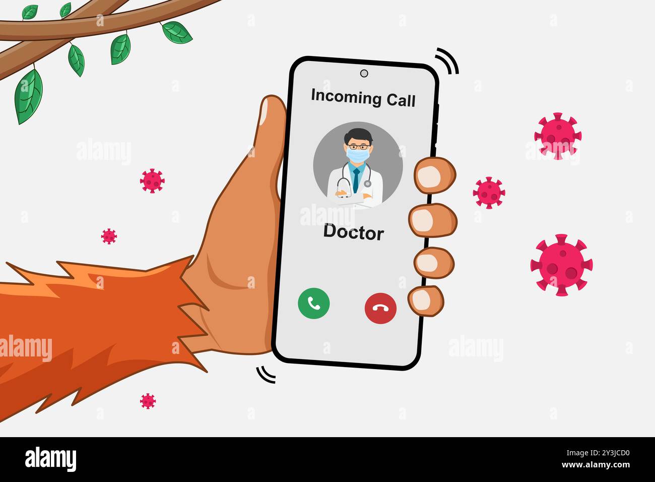 Hand of monkey holding a mobile phone with incoming call from doctor ...