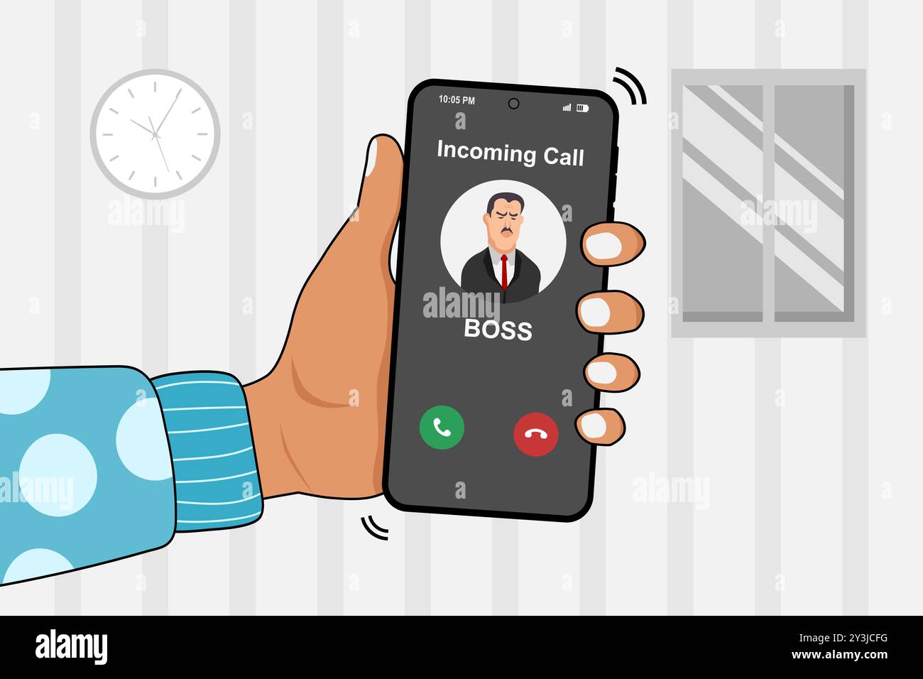 Hand holding a smartphone with incoming call from Boss at night after ...