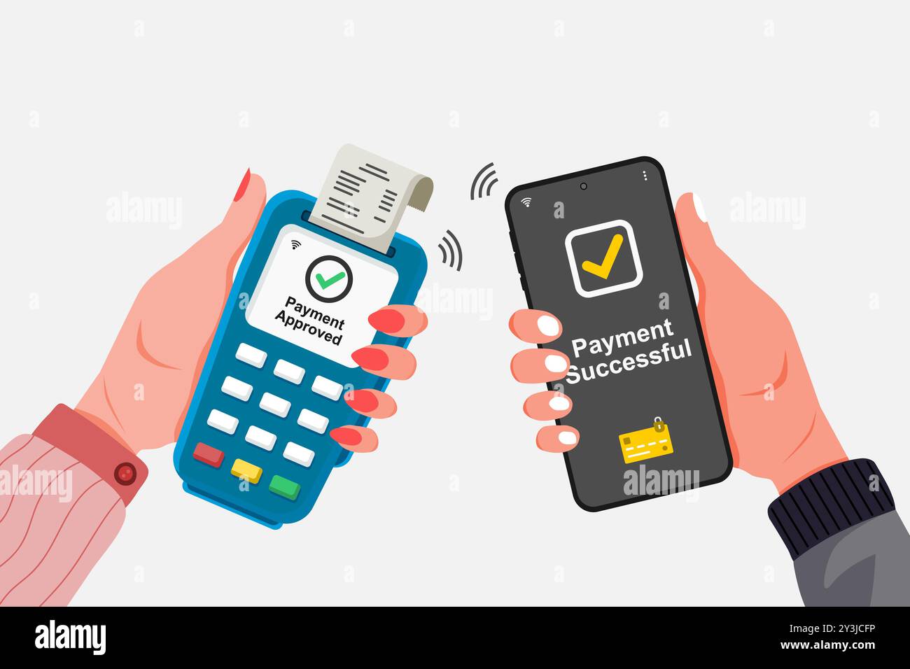 Customer making contactless payment with NFC technology using a smartphone at the payment ...