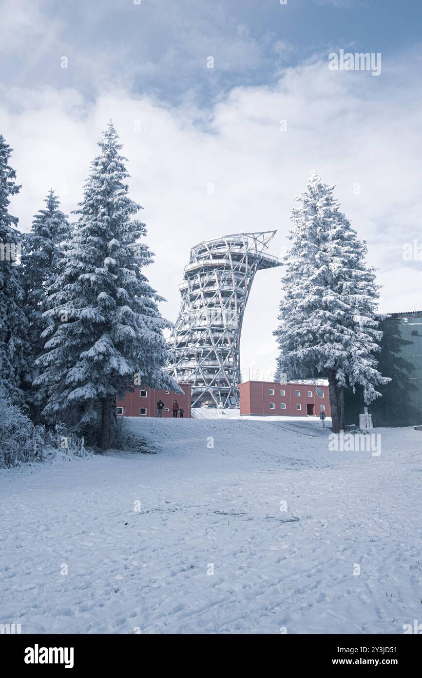 observation tower, trees covered by snow, winter season Stock Photo - Alamy