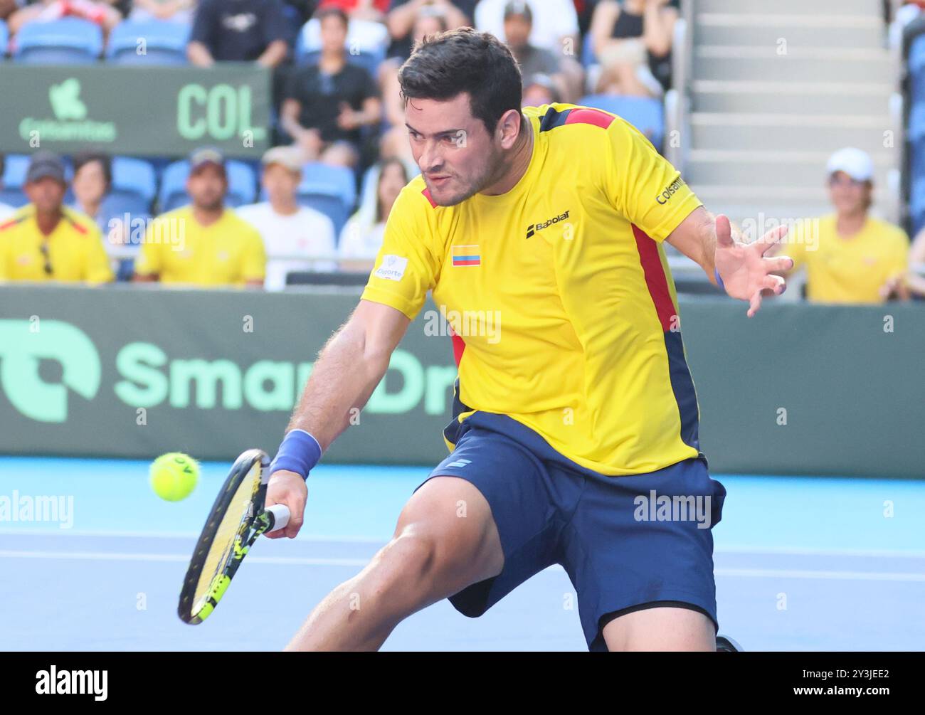 Tokyo, Japan. 14th Sep, 2024. Colombia's Nicolas Mejia returns the ball ...