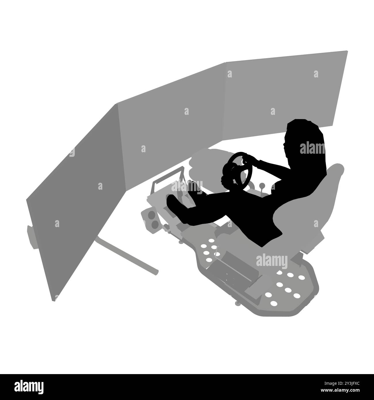 Silhouette of a girl sitting at a realistic gaming simulator with a ...