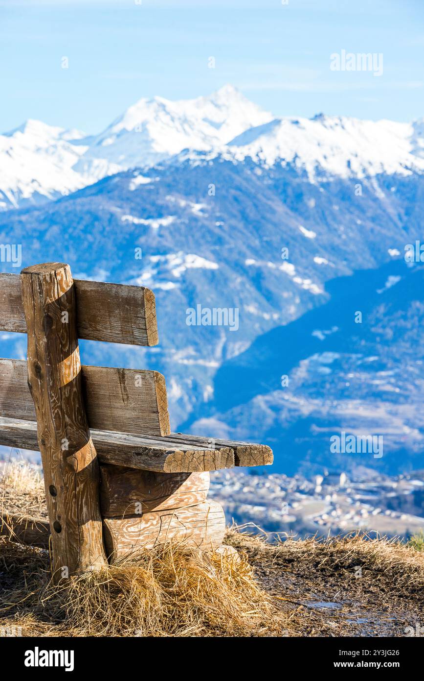 Wooden Public Bench with Alpine View, Valais, Switzerland Stock Photo ...