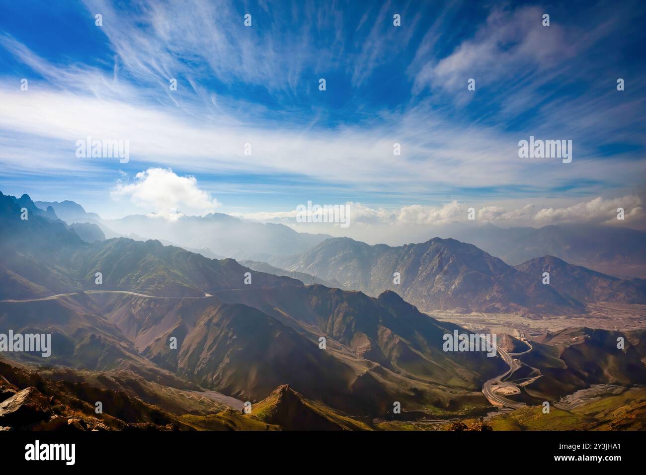 Landscape view of Taif Mountains from the top of Al hada Mountain road ...