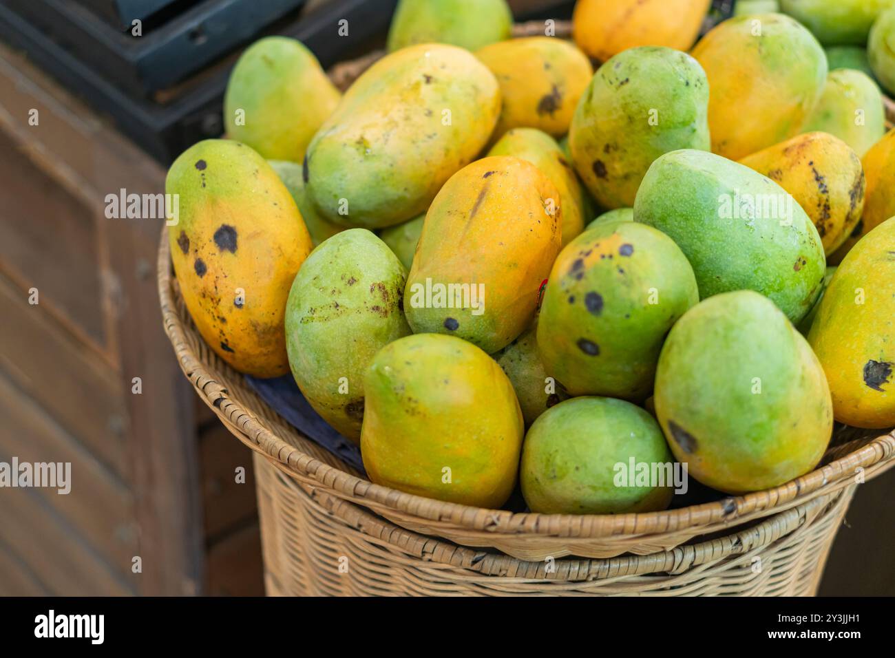 A basket filled with ripe mangoes in various shades of green and yellow ...