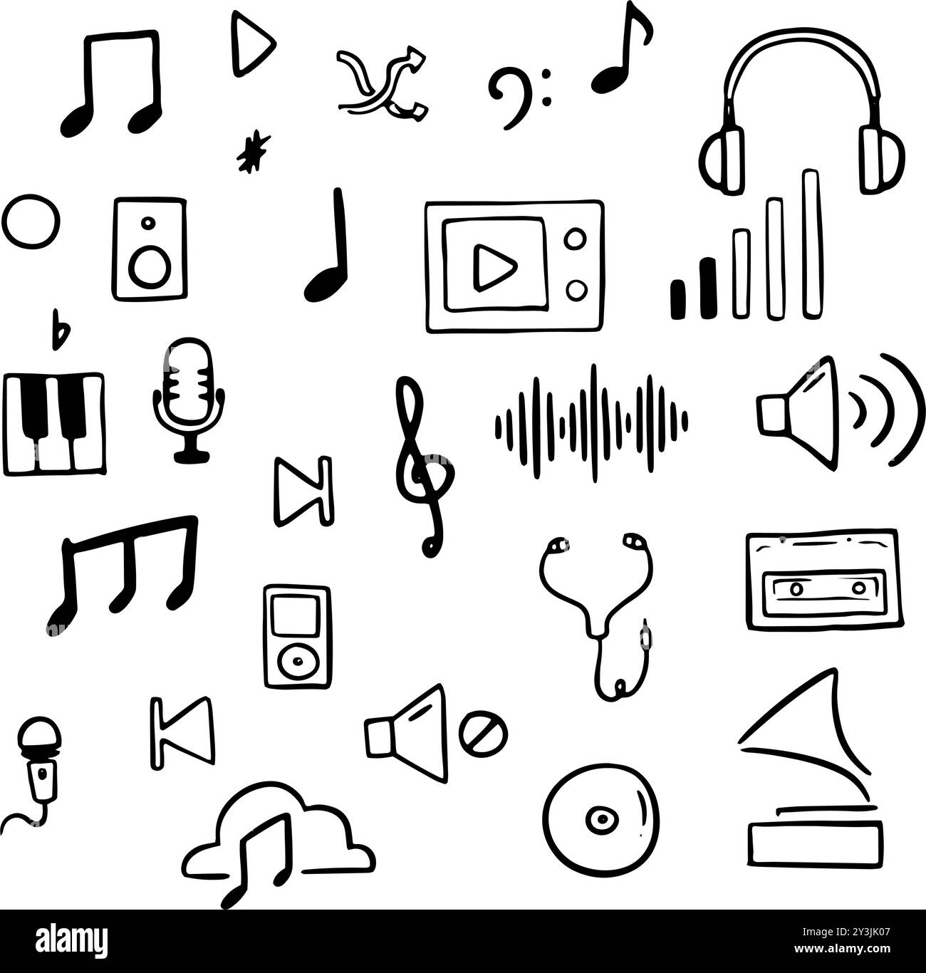 Set of Hand drawn Music Notes , symbols, and equipment icons. Doodles ...