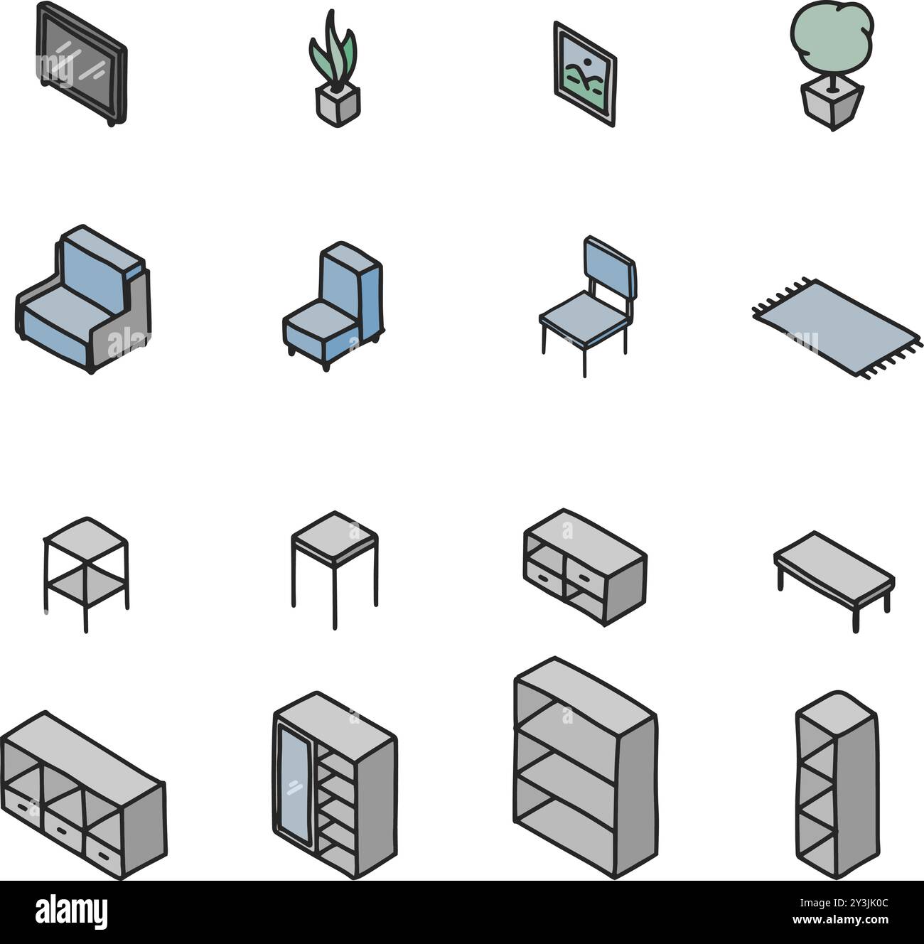 Hand Drawn Doodle of Living room furniture set. Chair, Sofa, table ...