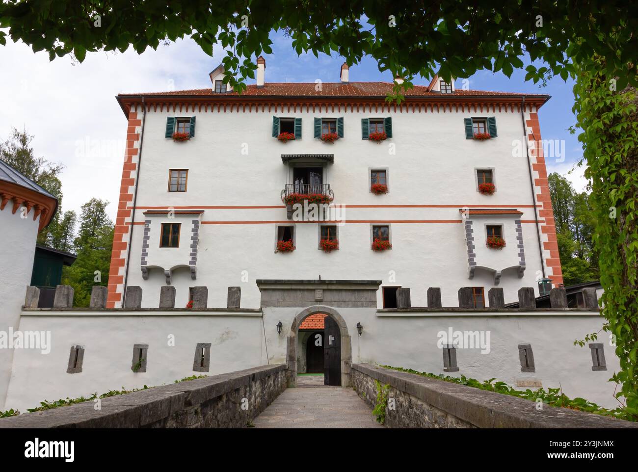 Facade and entrance of Sneznik castle, Slovenia, today a national ...