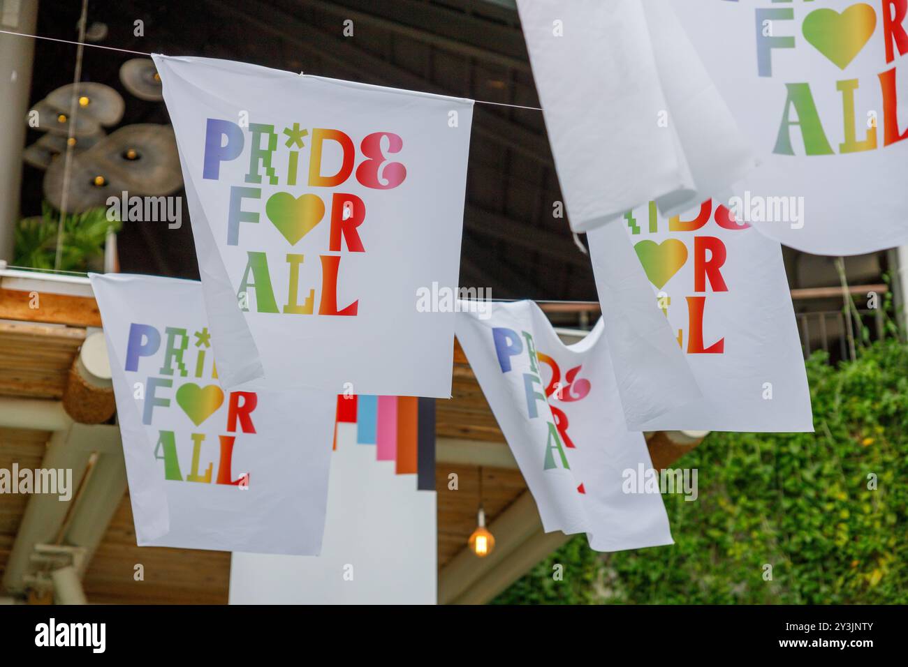 A white banner with the words "Pride for All" in colorful rainbow ...