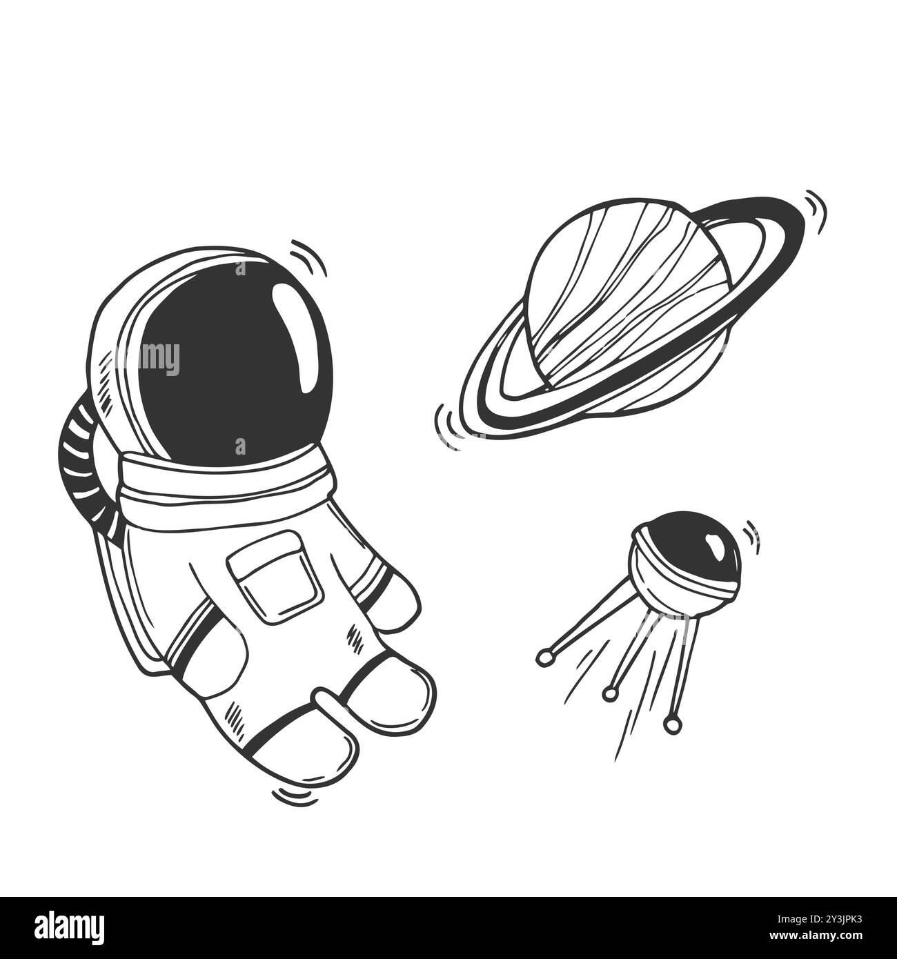 Vector illustration. Astronaut, rocket and the moon in doodle style ...