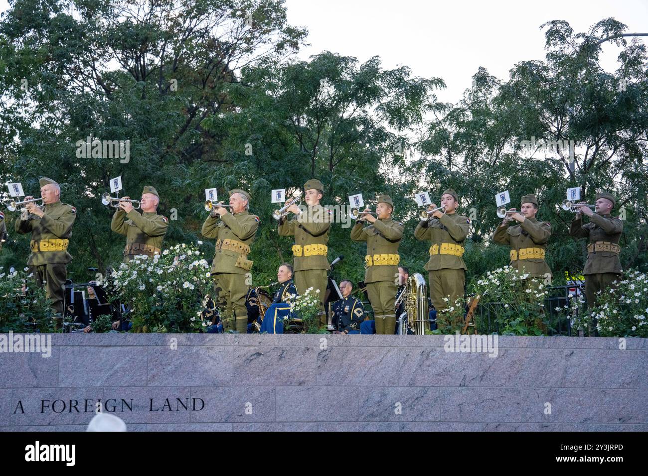 Washington, USA. 13th Sep, 2024. Men in WWI era military uniforms perform in a ceremony at the ...