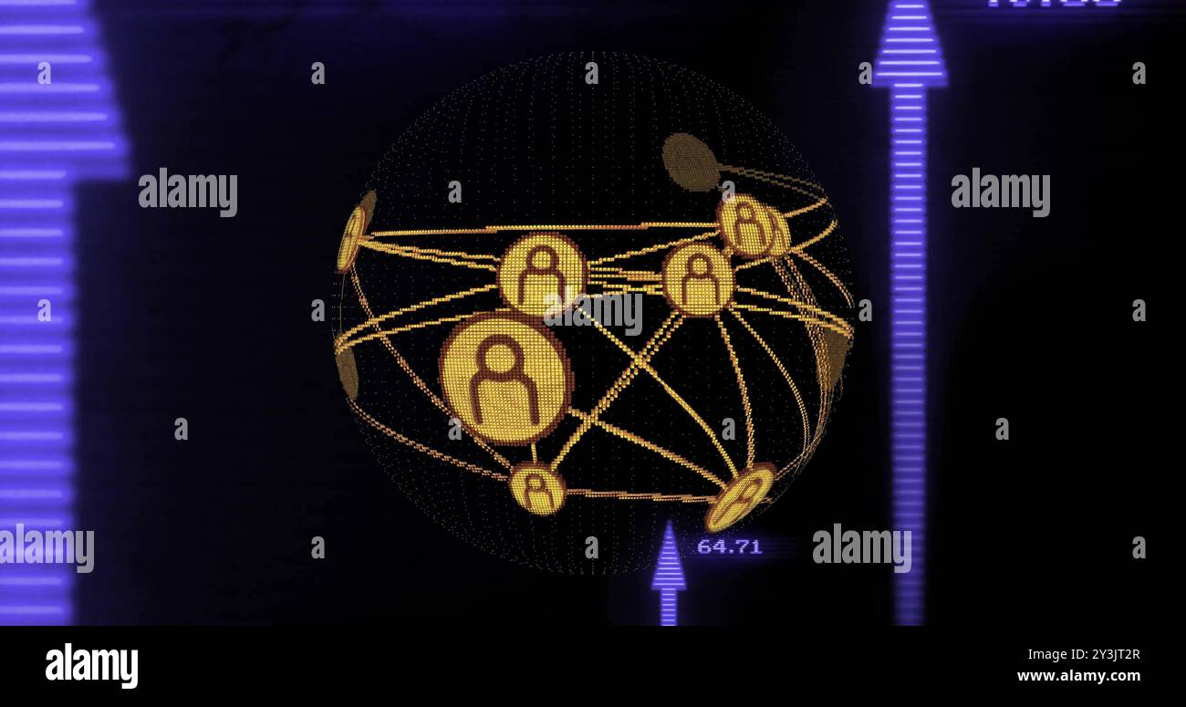 Image of arrows and network of connections with people icons over globe ...