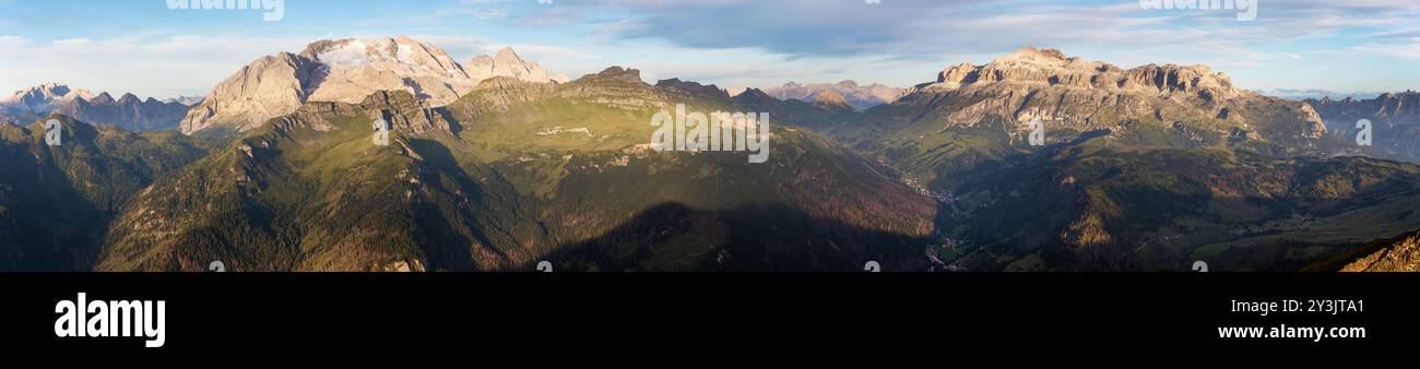 morning panoramic view of mount Marmolada and mount Sella, South Tyrol ...