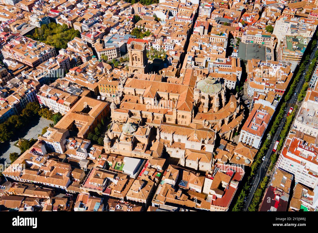 Granada Cathedral aerial panoramic view. Cathedral of Incarnation or ...