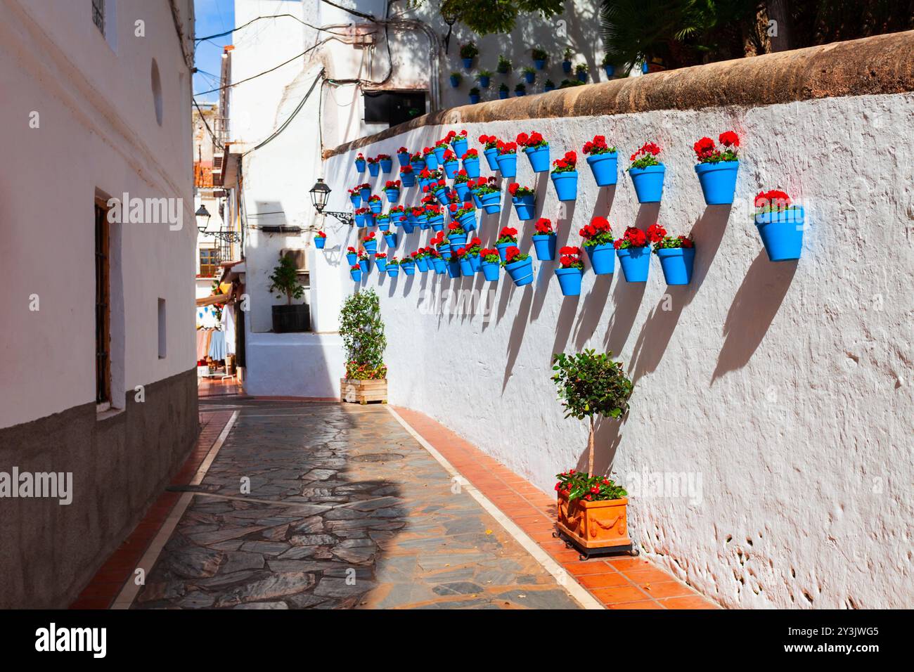 Colorful flower pots in the Marbella old town. Marbella is a city in ...