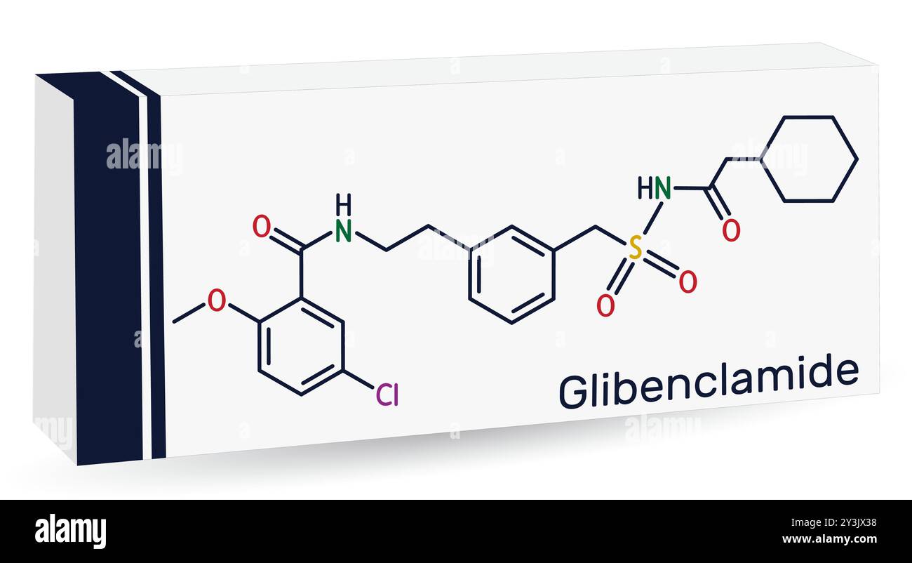 Glibenclamide, glyburide molecule. Sulfonylurea used in the treatment ...