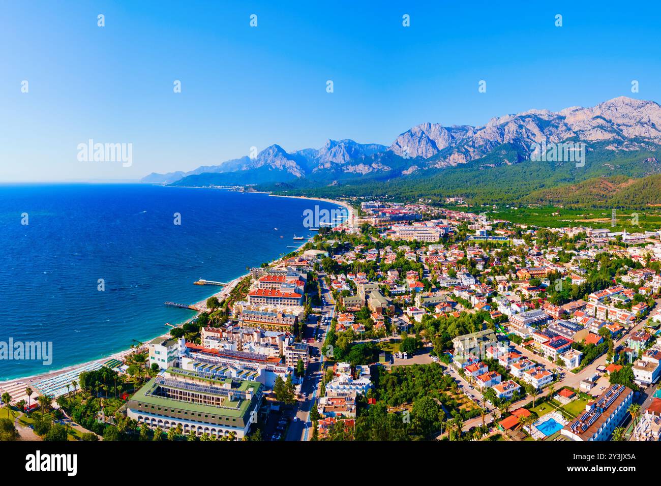 Kemer city beach aerial panoramic view. Kemer is a seaside resort town ...