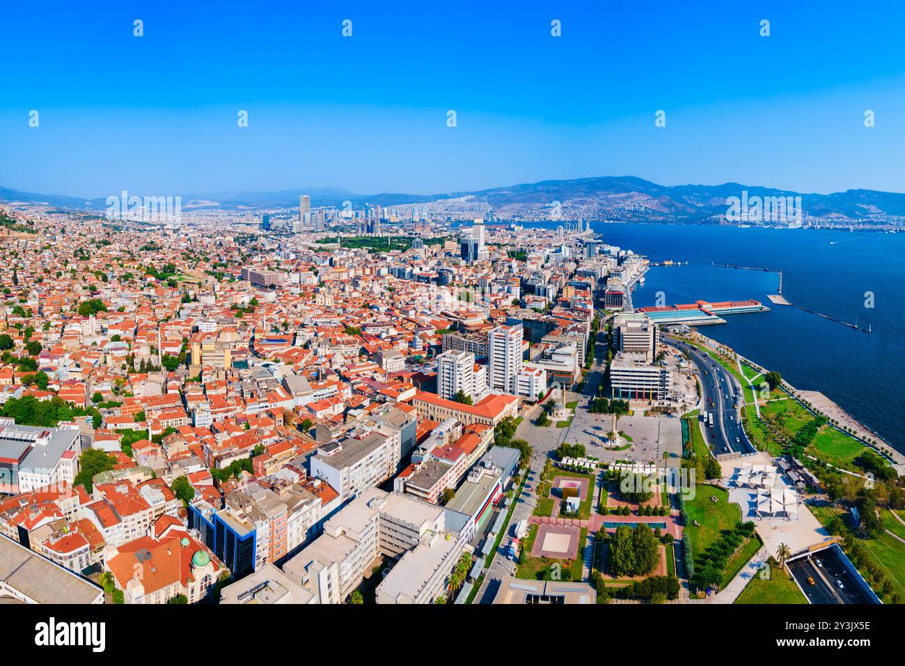Izmir city centre aerial panoramic view. Izmir is a metropolitan city ...