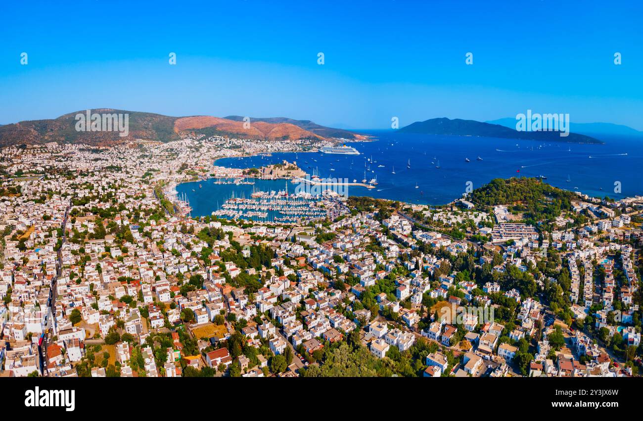 Bodrum city beach and marina aerial panoramic view. Bodrum is a city in ...