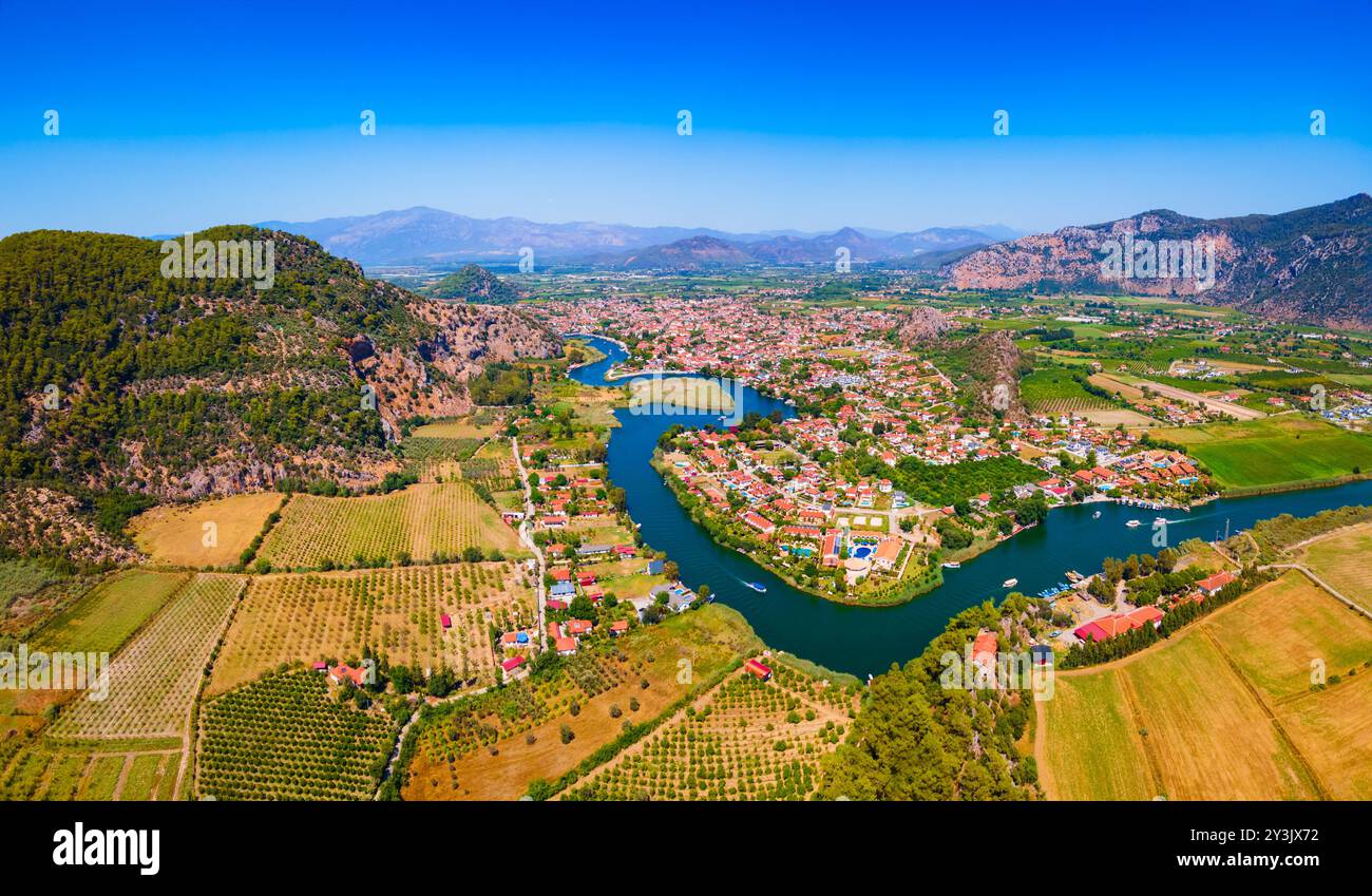 Boats at Dalyan river aerial panoramic view. Dalyan is a town in Mugla ...