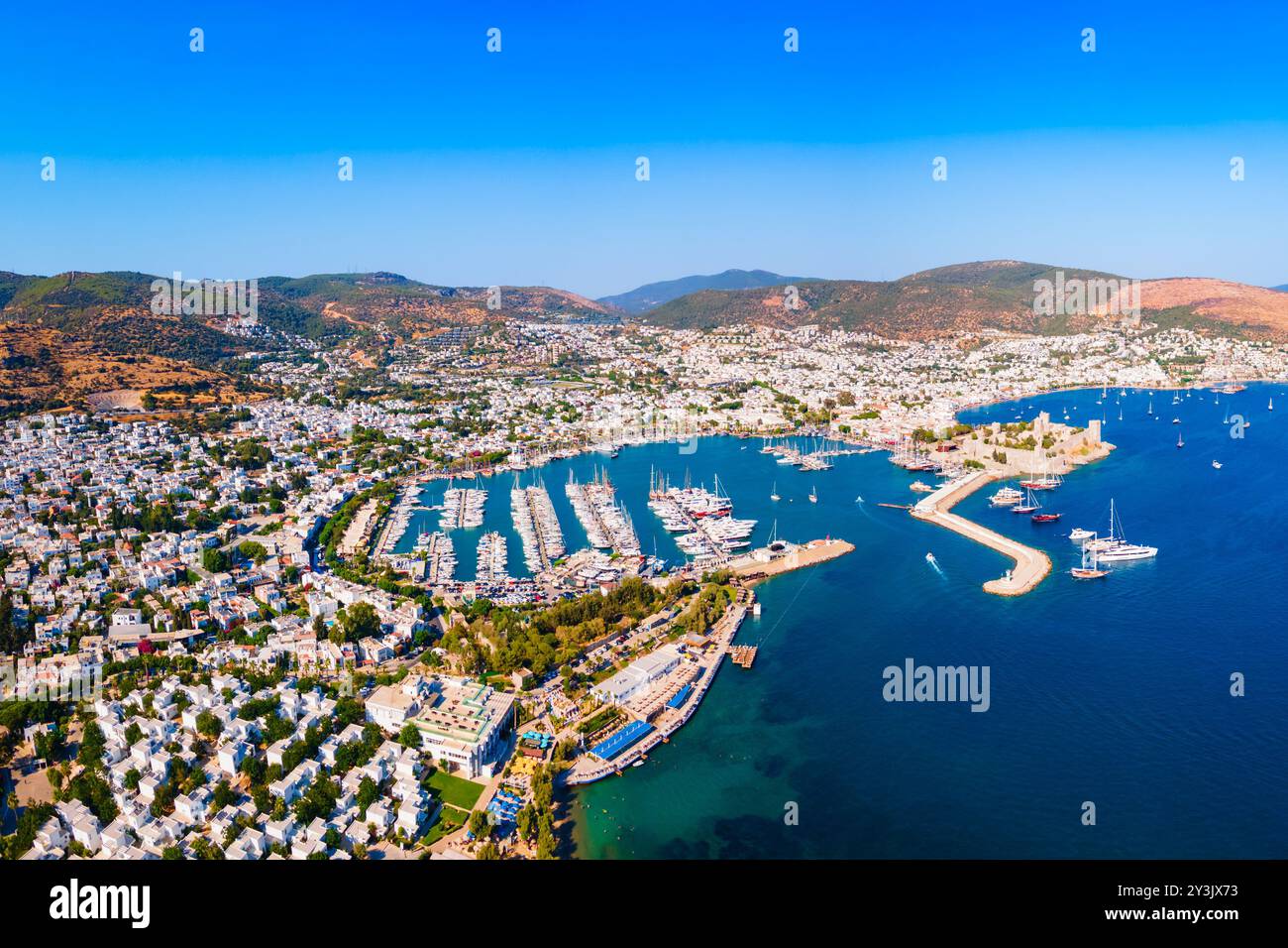 Bodrum city beach and marina aerial panoramic view. Bodrum is a city in ...