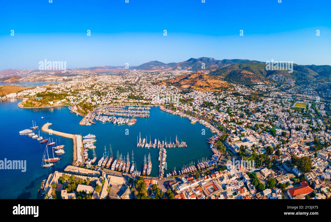 Bodrum city beach and marina aerial panoramic view. Bodrum is a city in ...