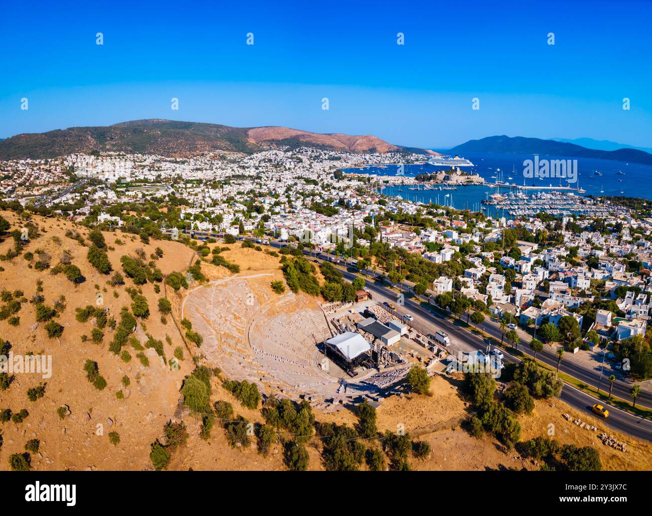 Bodrum Ancient Theatre aerial panoramic view. Bodrum is a town in Mugla ...
