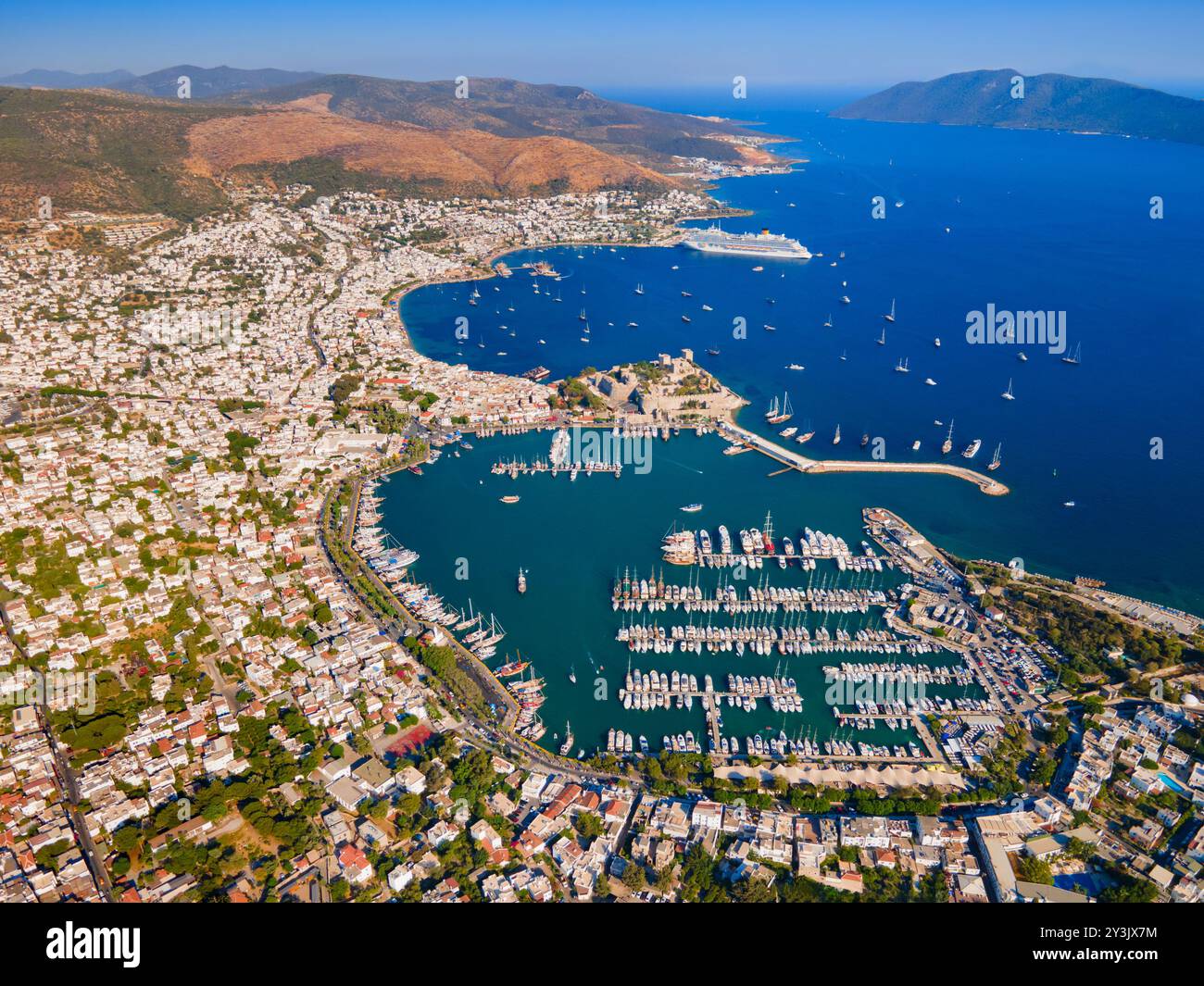 Bodrum city beach and marina aerial panoramic view. Bodrum is a city in ...