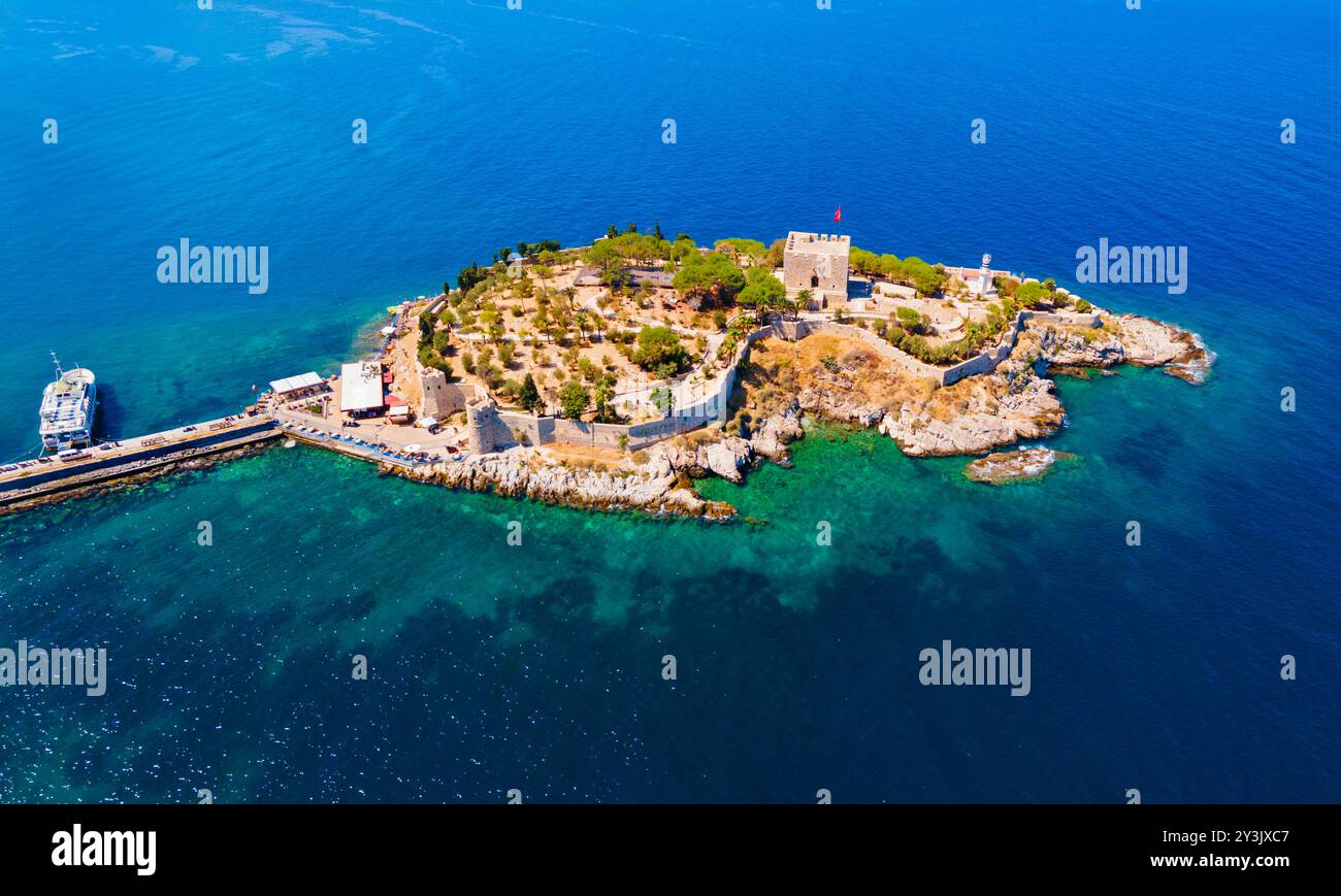 Guvercinada means Pigeon Island aerial panoramic view in Kusadasi city ...