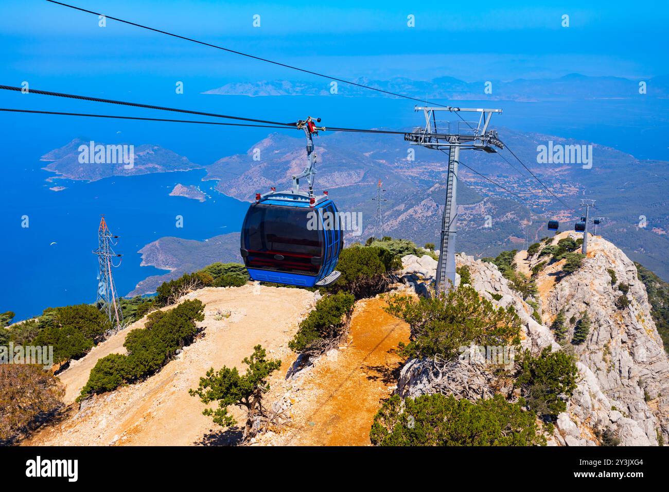 Cable car from Oludeniz to Babadag mountain. Oludeniz or Blue Lagoon is ...