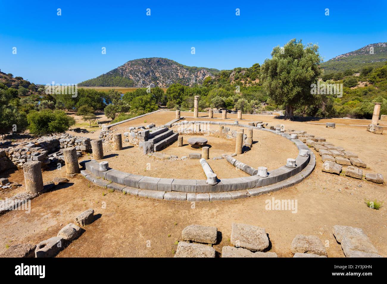 The temple terrace and the round structure ruins at the Kaunos ancient ...