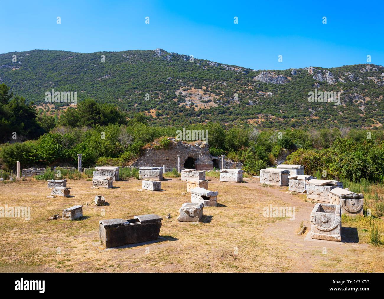 Stone sarcophagus tombs at the Ephesus ancient Greek city. Ephesus or ...