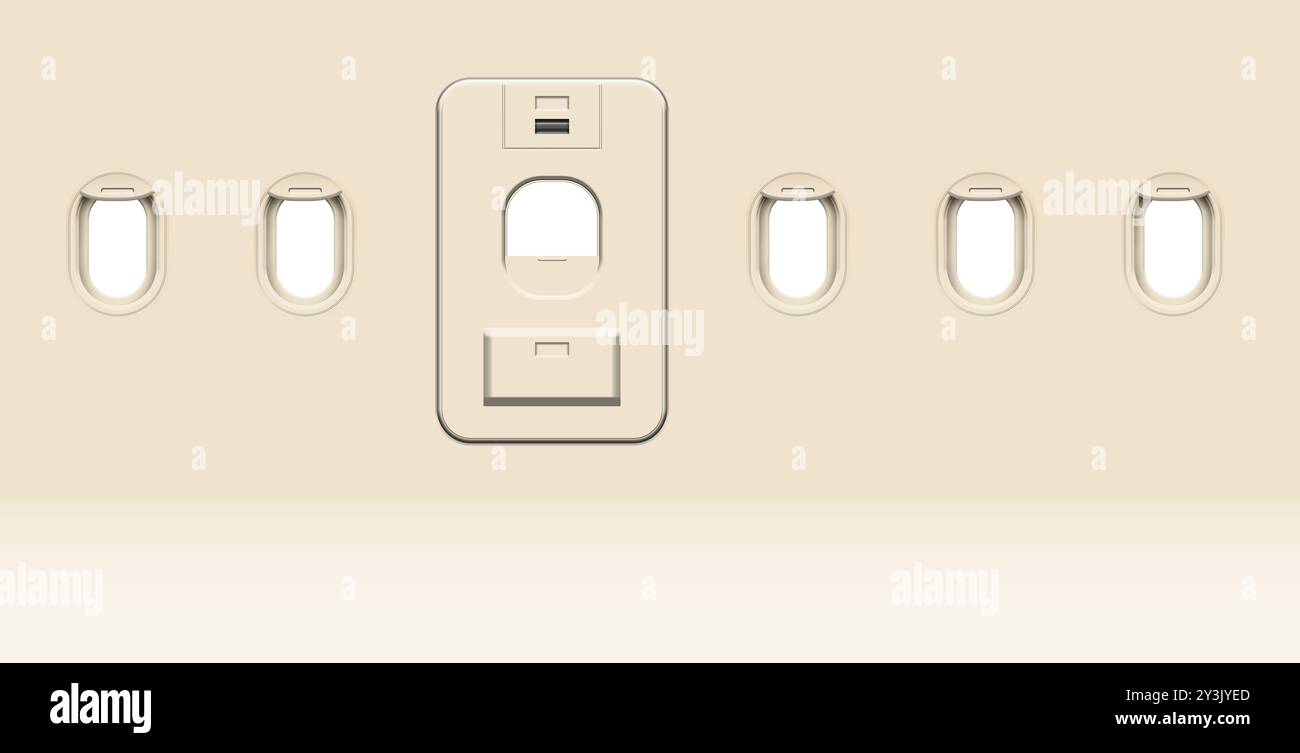 Airplane windows and door, view from inside cabin with beige sidewall ...