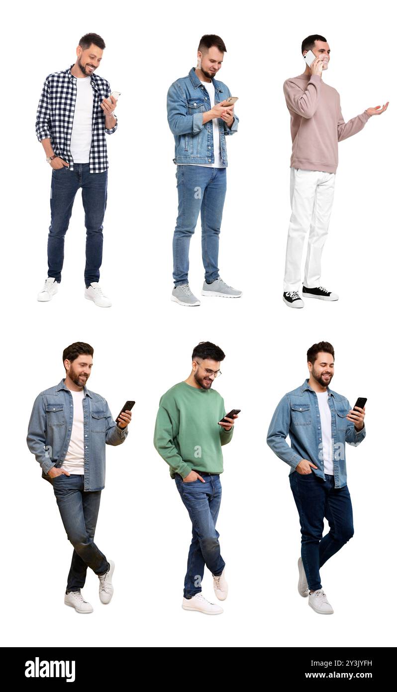 Collage with photos of men using mobile phones on white background ...