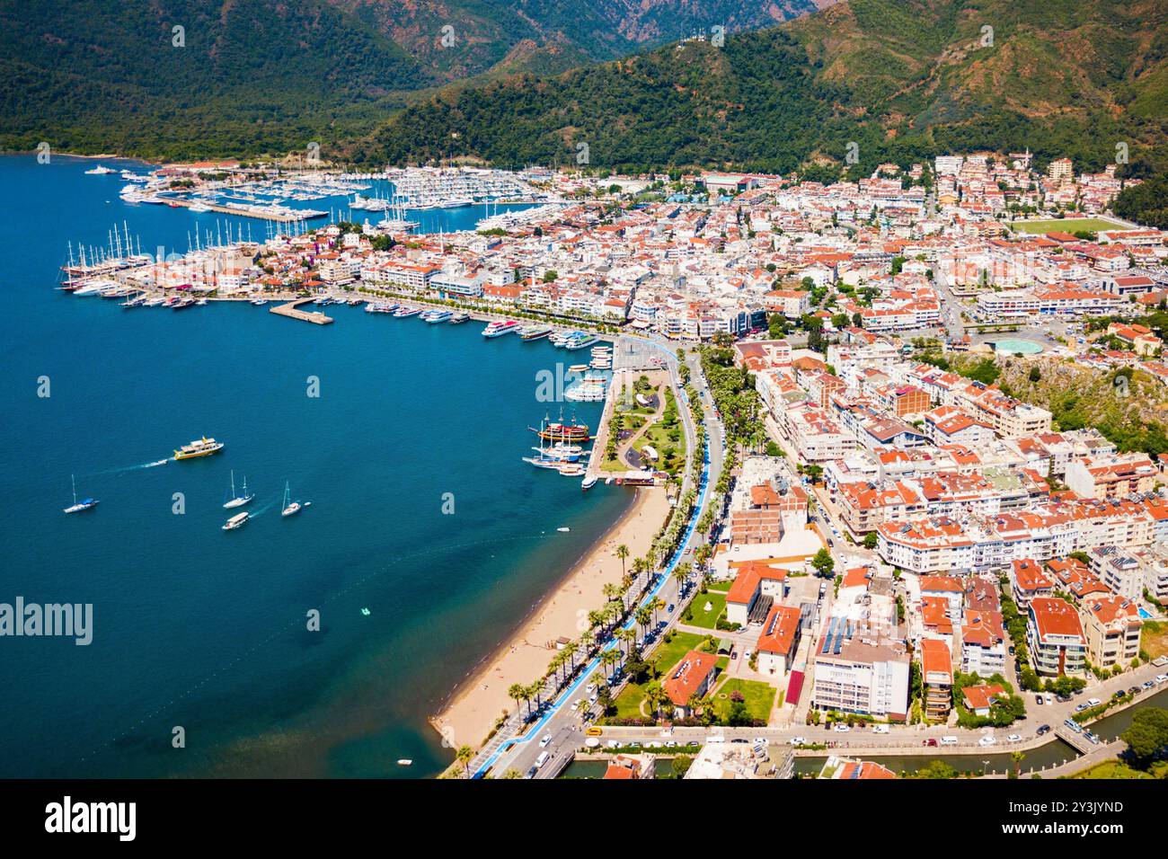 Marmaris city aerial panoramic view in Marmaris city in Turkey Stock ...