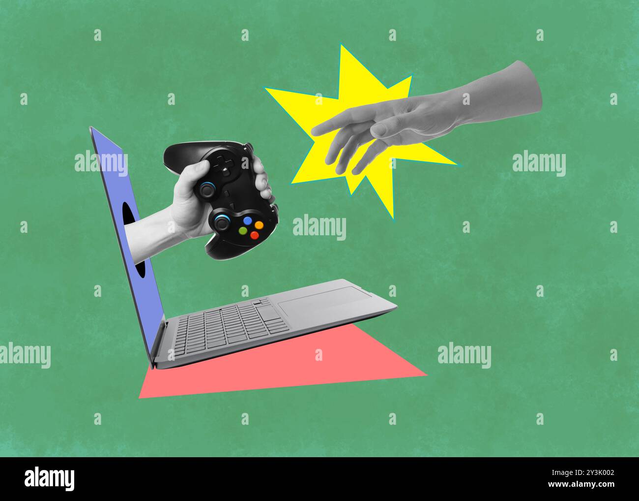 Man's hand reaching for woman's hand with gamepad sticking out of ...