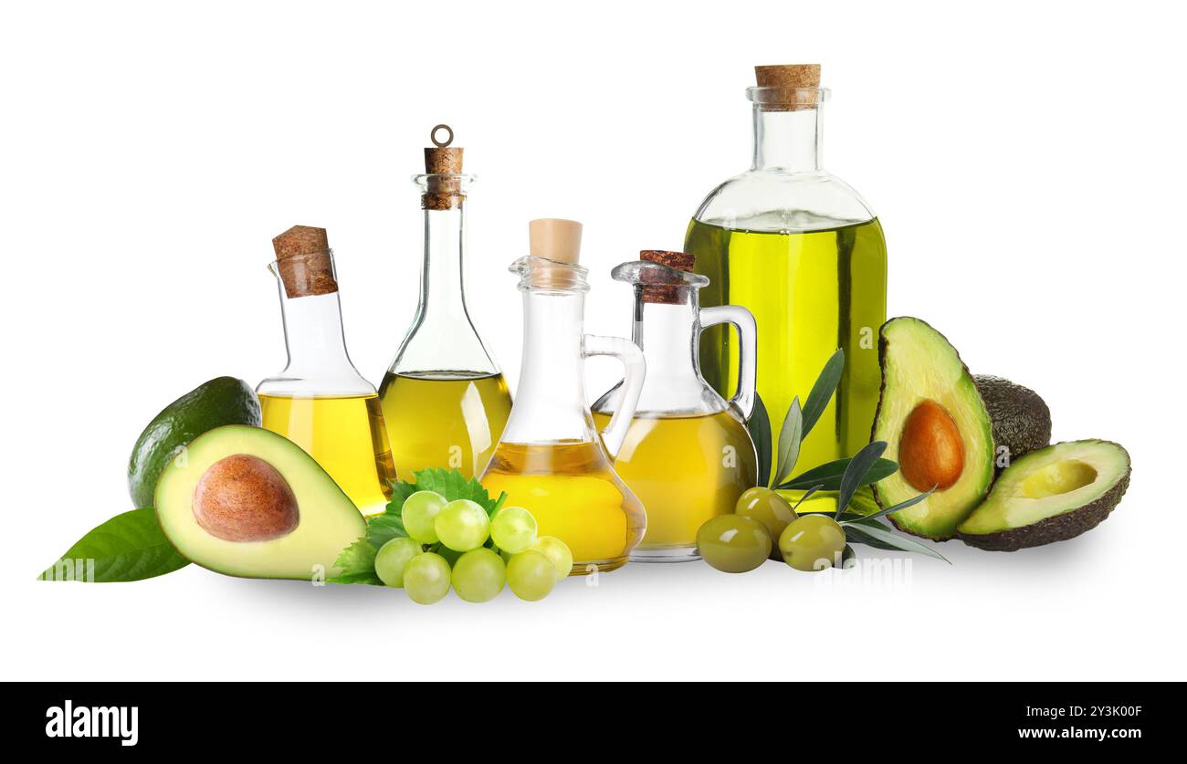 Vegetable fats. Set of different oils and ingredients isolated on white ...