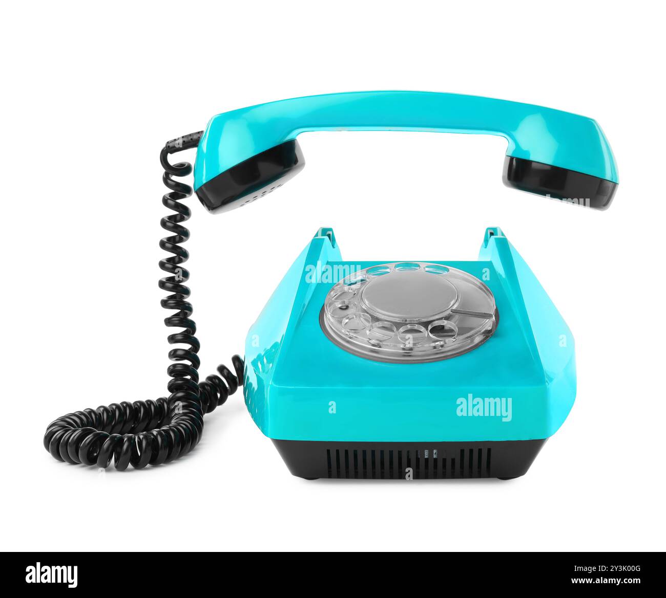 Old light blue telephone with rotary dial isolated on white Stock Photo ...