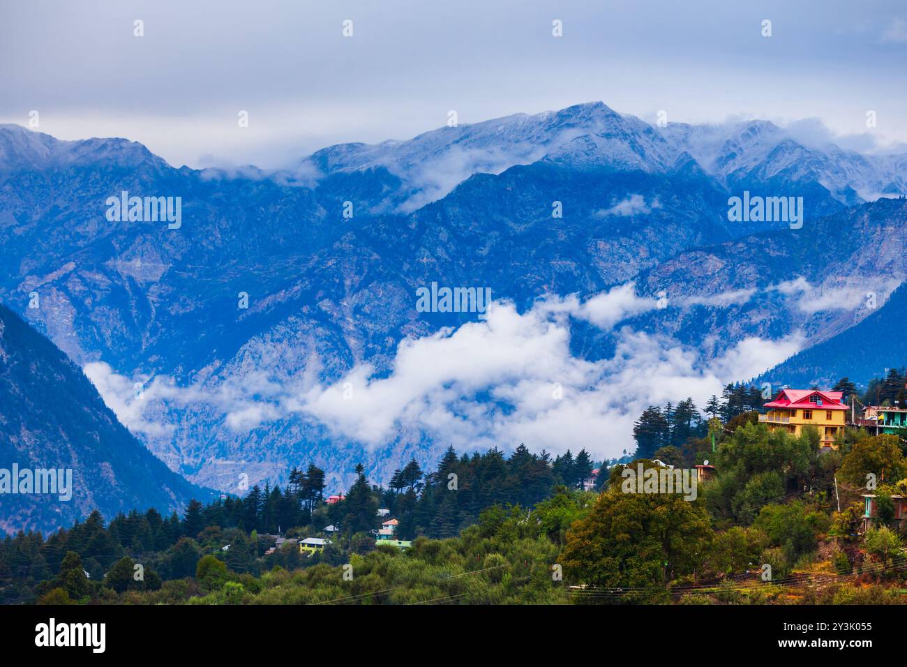 Kalpa and Kinnaur Kailash mountain aerial panoramic view. Kalpa is a ...