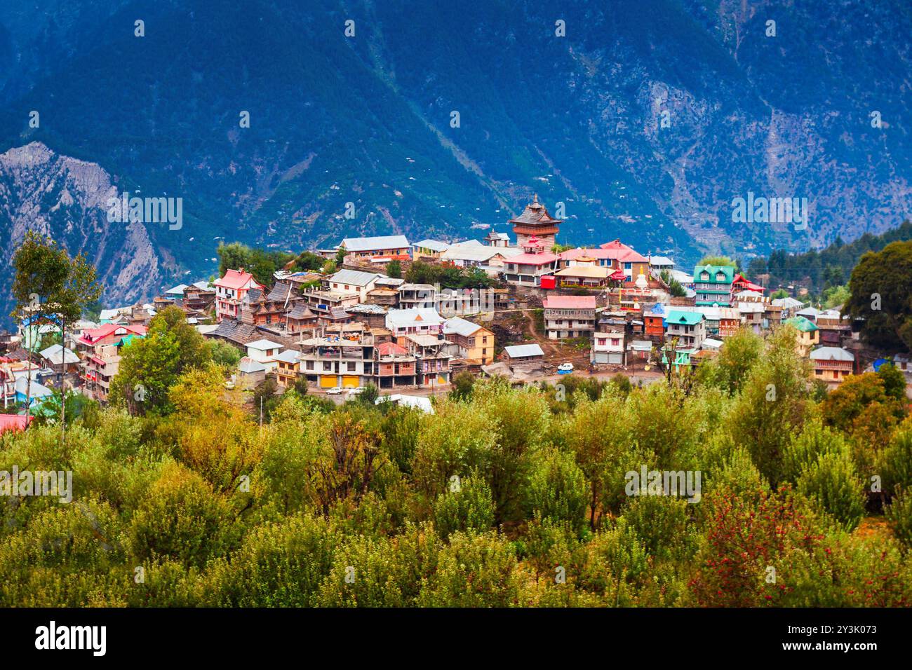 Kalpa and Kinnaur Kailash mountain aerial panoramic view. Kalpa is a ...
