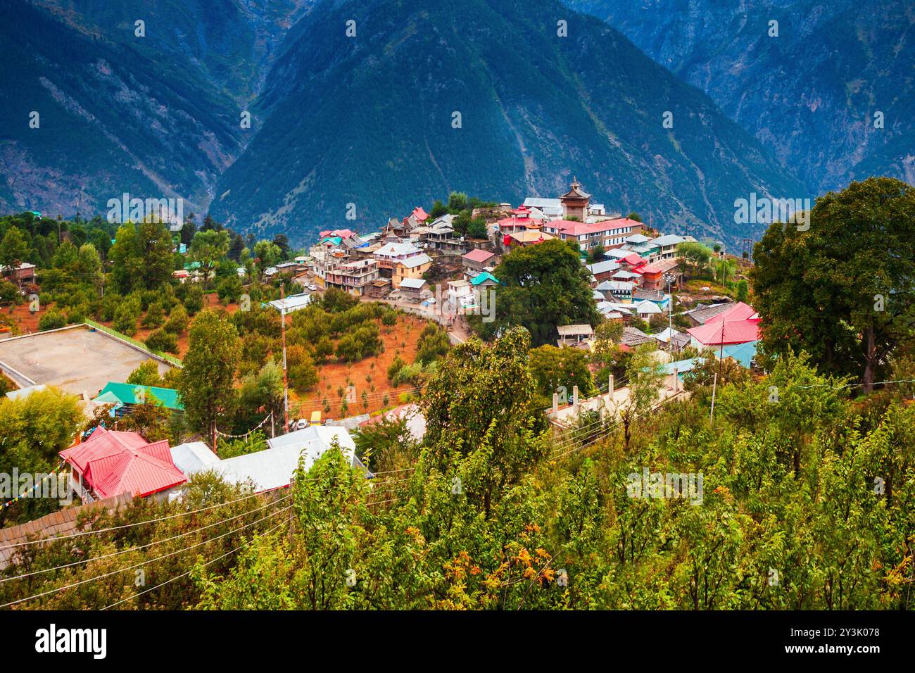 Kalpa and Kinnaur Kailash mountain aerial panoramic view. Kalpa is a ...