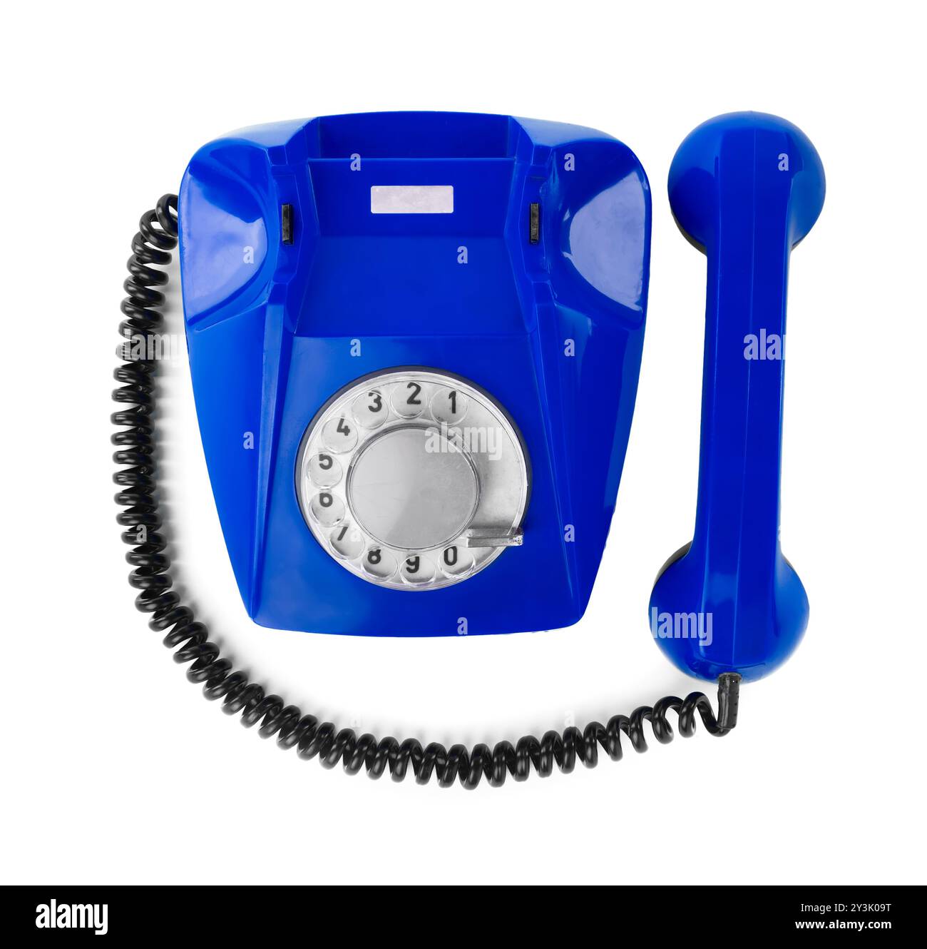 Old blue telephone with rotary dial isolated on white, top view Stock ...