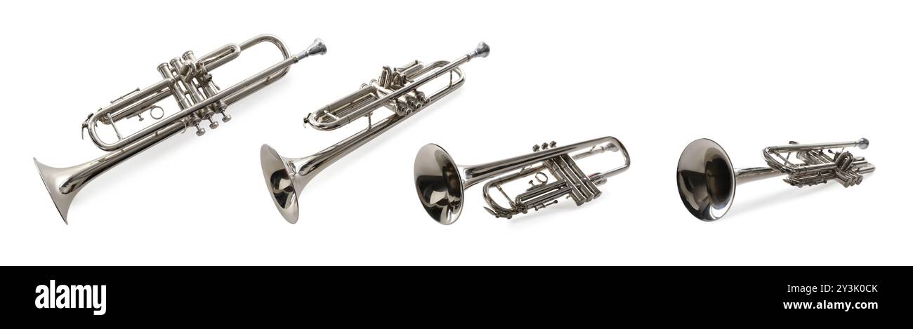 Trumpet isolated on white, collage. Musical instrument Stock Photo - Alamy