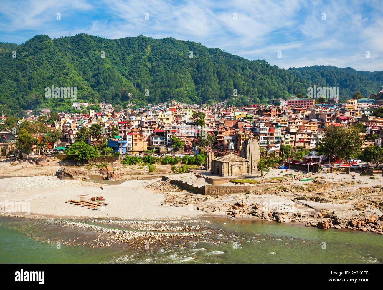 Mandi town and Beas river aerial panoramic view, Himachal Pradesh state ...