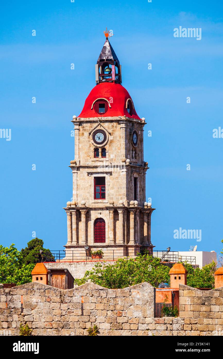 Medieval Clock Tower in the city of Rhodes in Rhodes island in Greece ...