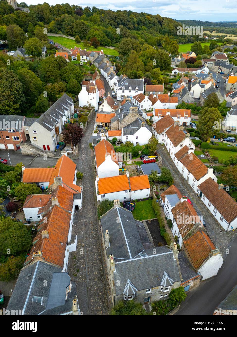 Aerial view from drone of historic village of Culross in Fife, Scotland ...