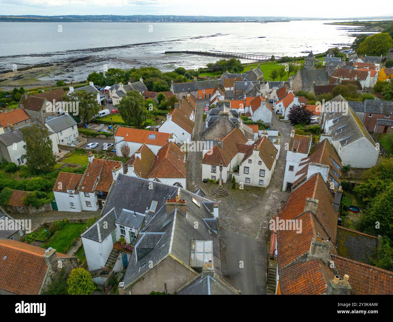 Aerial view from drone of historic village of Culross in Fife, Scotland ...