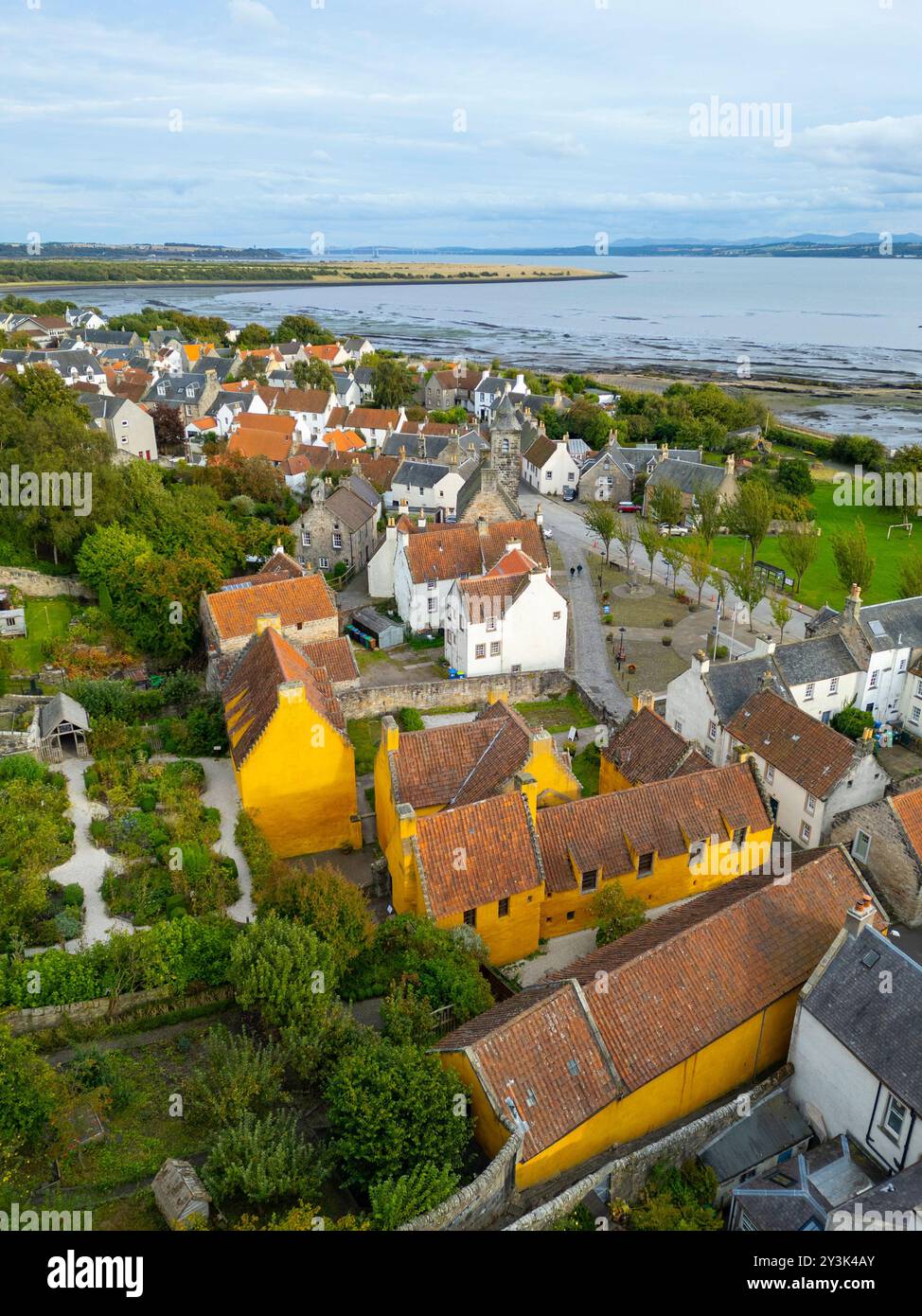 Aerial view from drone of historic village of Culross in Fife, Scotland ...