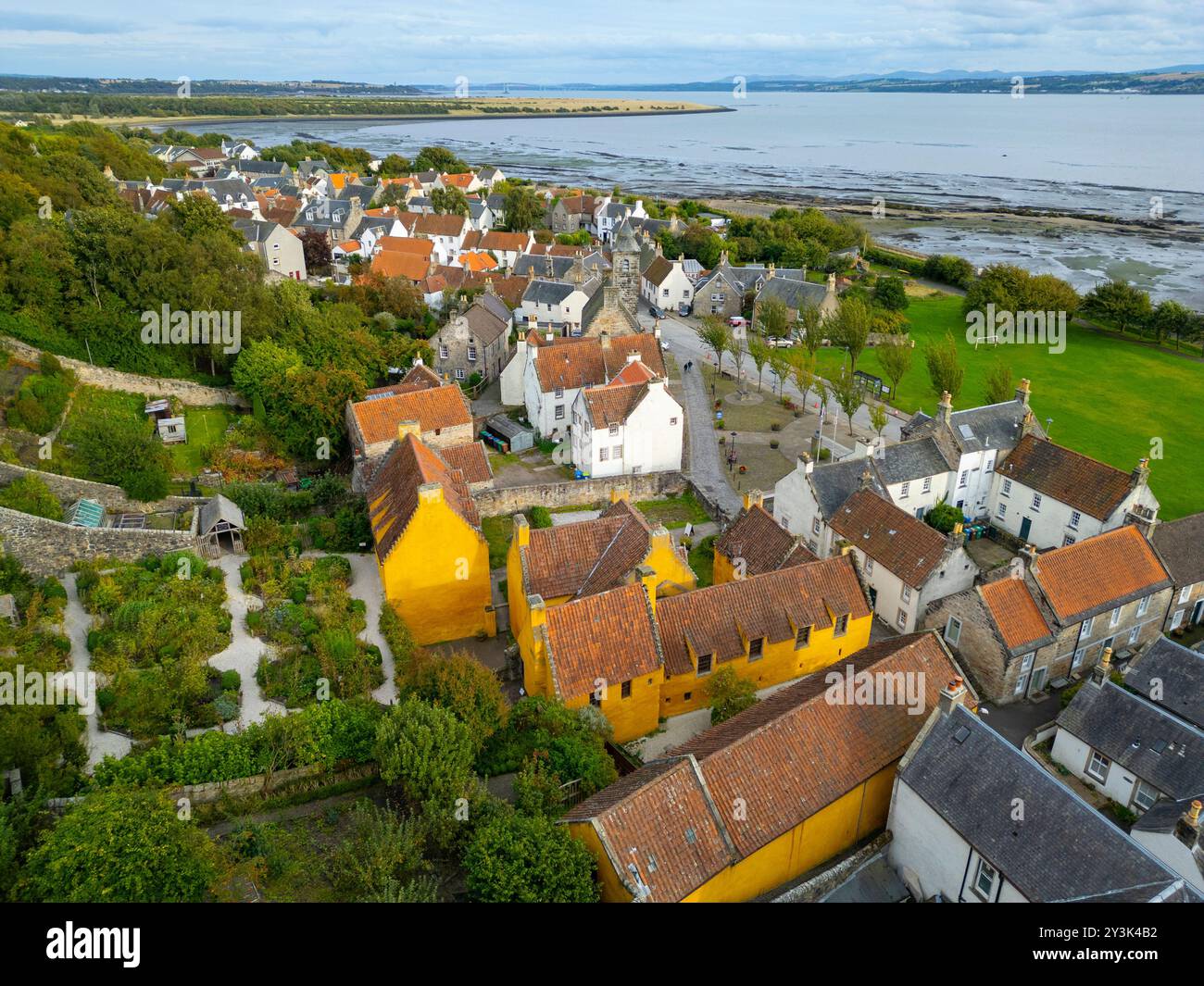 Aerial view from drone of historic village of Culross in Fife, Scotland ...